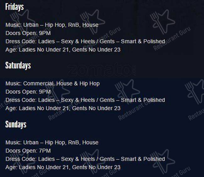 Menu at Sway club, Sandton