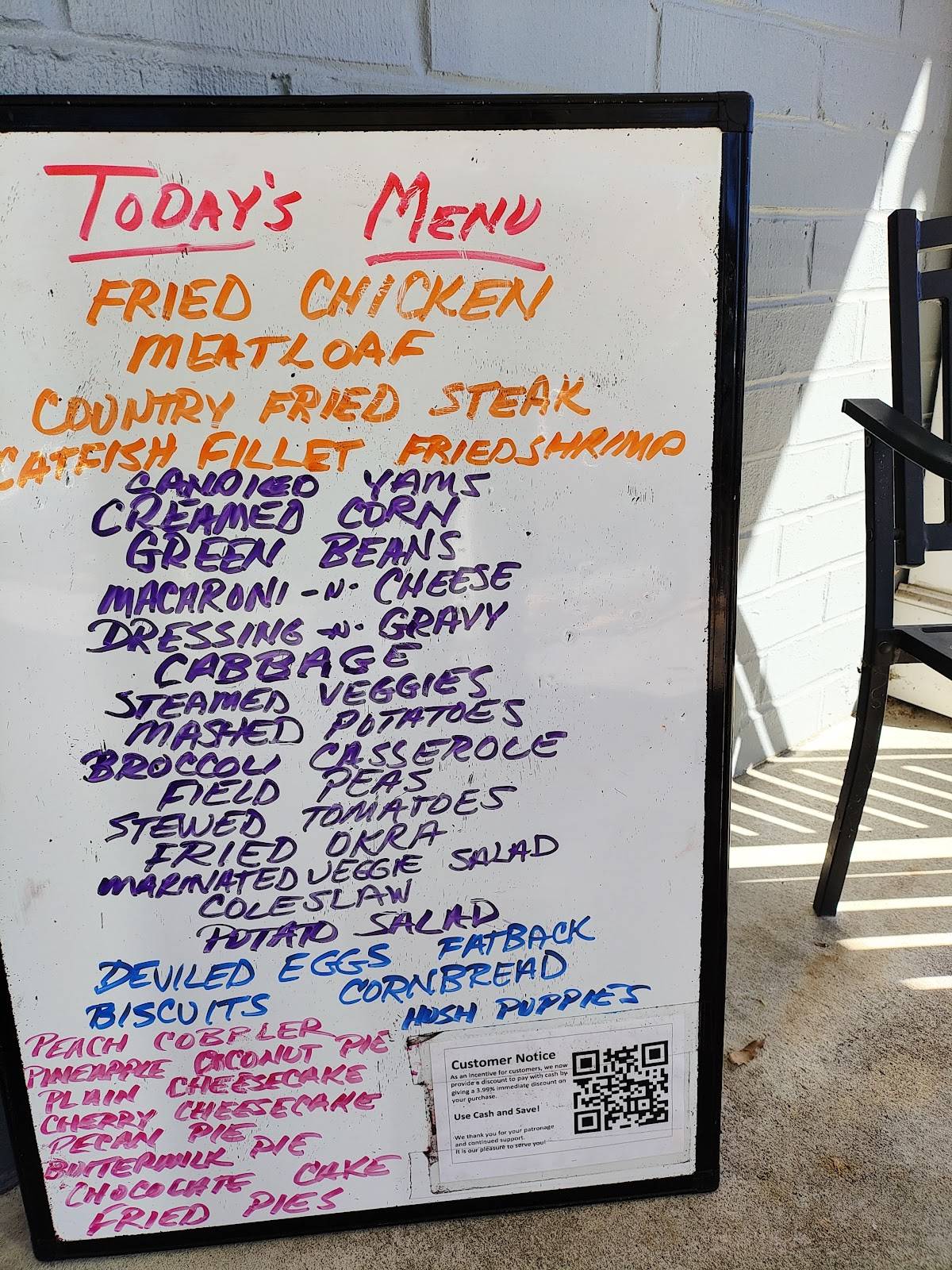 Menu at Sweet T's restaurant, Thomson