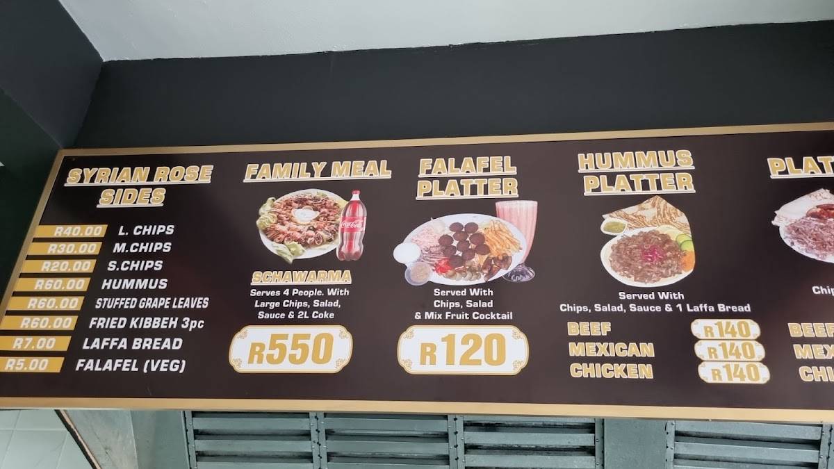 Menu at Syrian rose expresso restaurant, Randburg