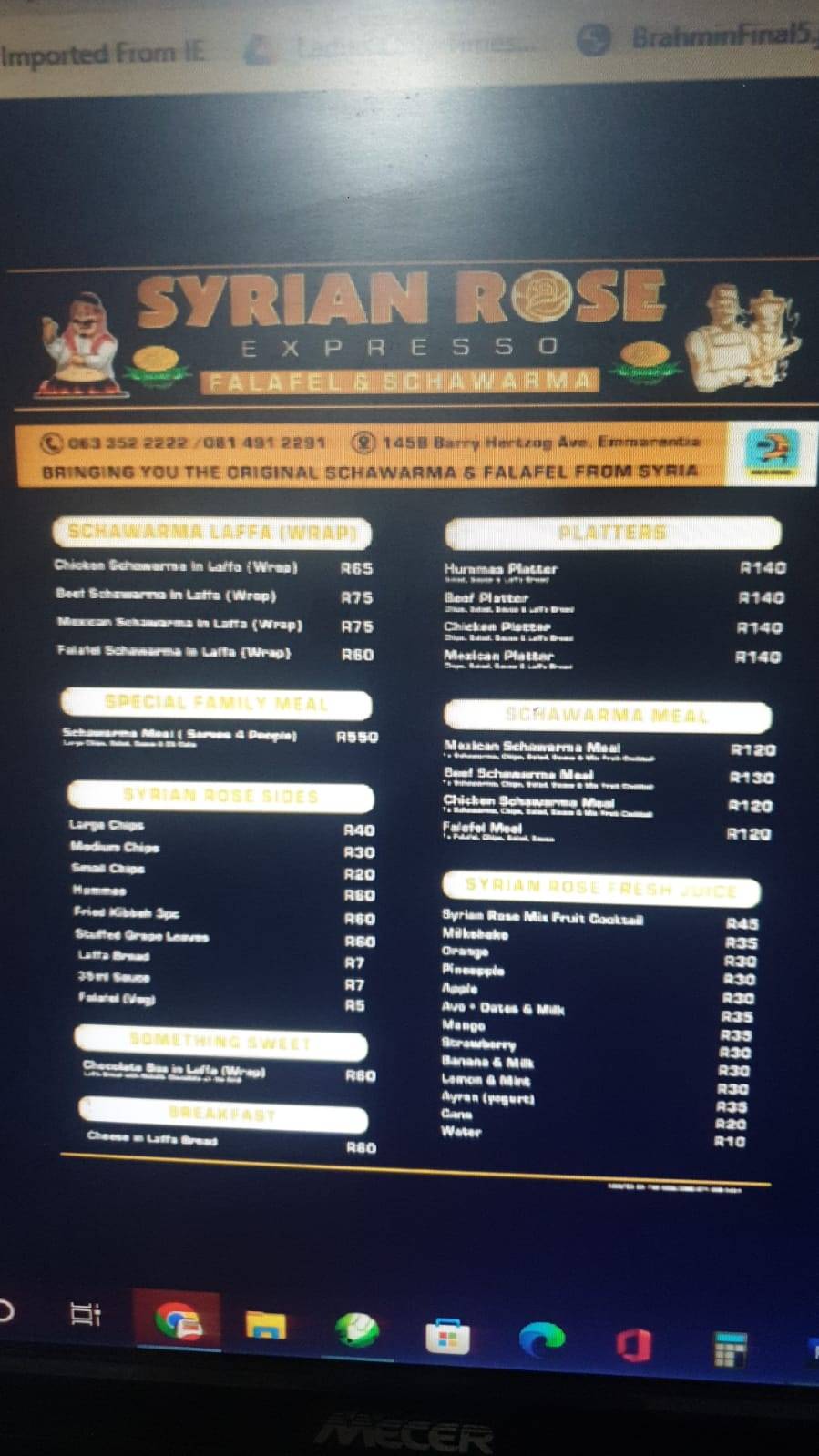 Menu au Syrian rose expresso restaurant, Randburg