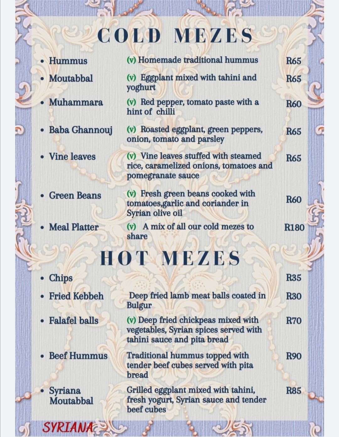Menu at Syriana restaurant, Cape Town, 307 Main Rd