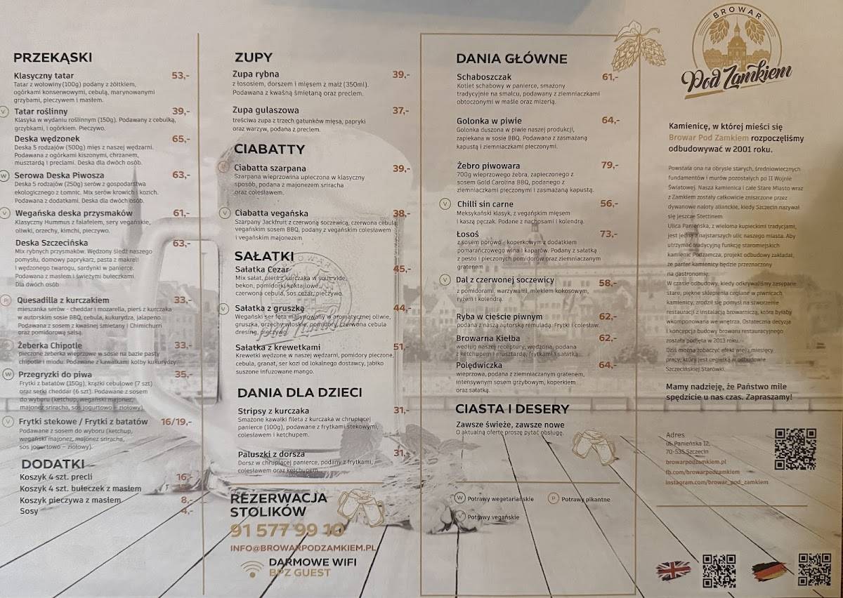 Menu at Browar Pod Zamkiem restaurant, Szczecin