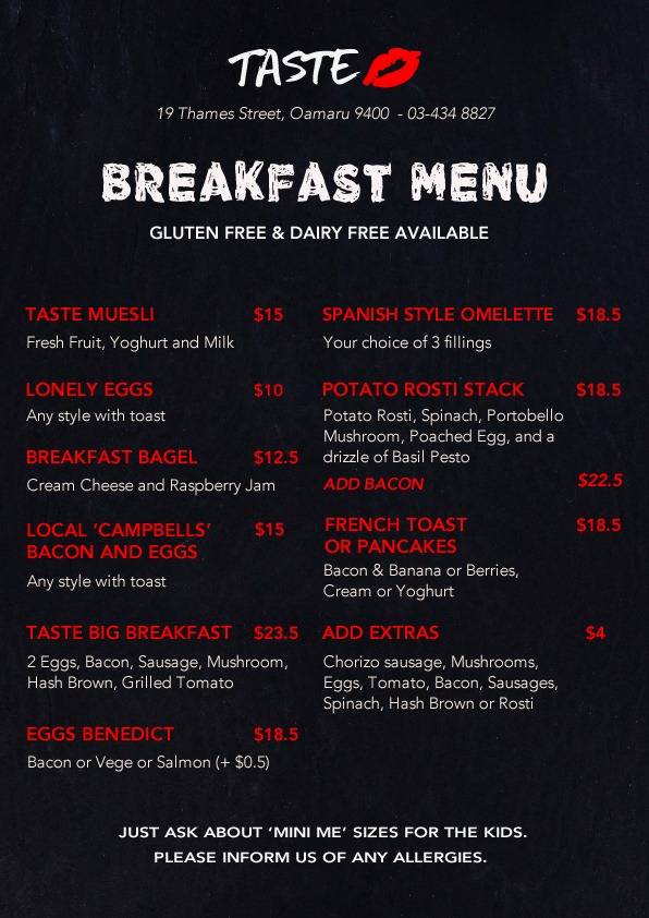 Menu at TASTE CAFE, Oamaru