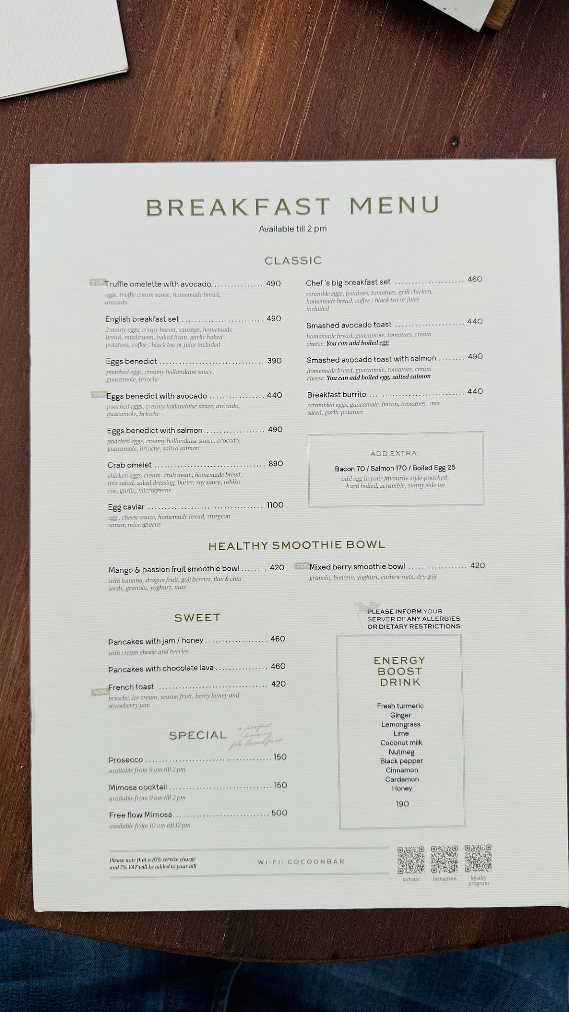 Menu at THE COCOON - SAMUI VIEWPOINT restaurant, Ko Samui