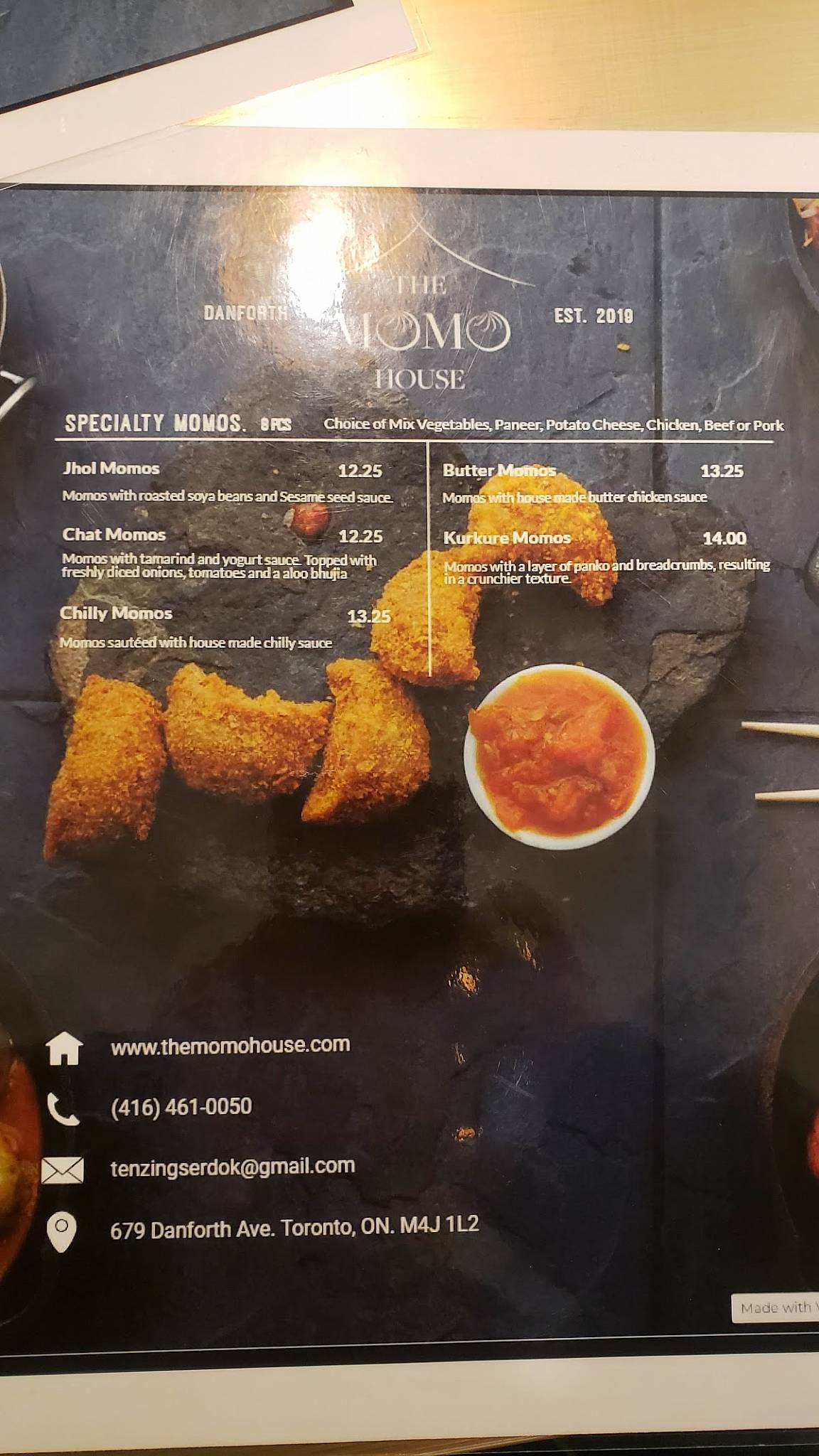 Menu at THE MOMO HOUSE restaurant, Toronto, 679 Danforth Ave