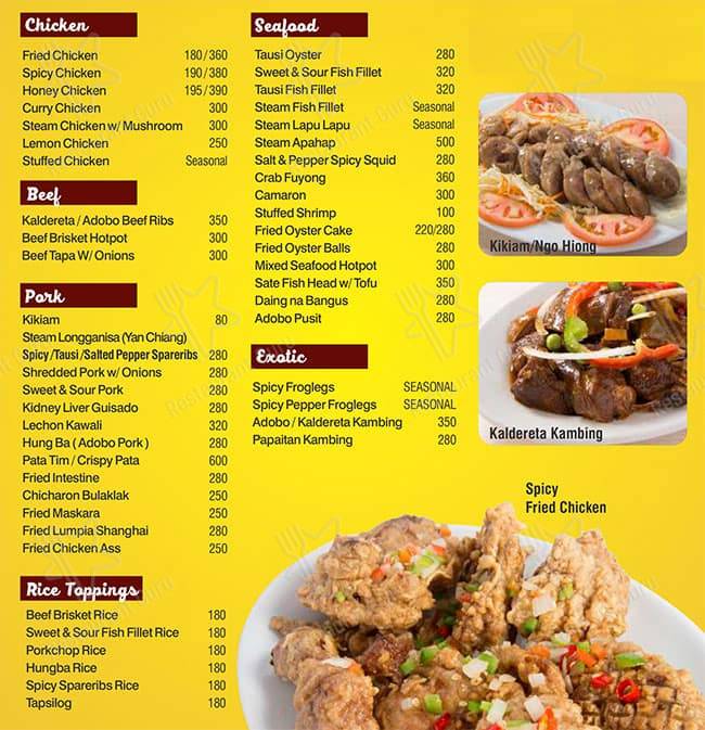Menu at The Original Chicken Fandian restaurant, Manila, Paz Guanzon Street