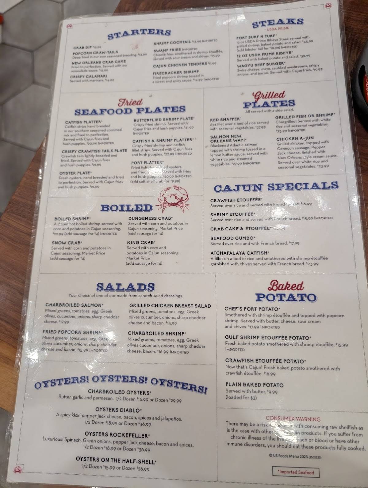 Menu at THE PORT restaurant, Bossier City
