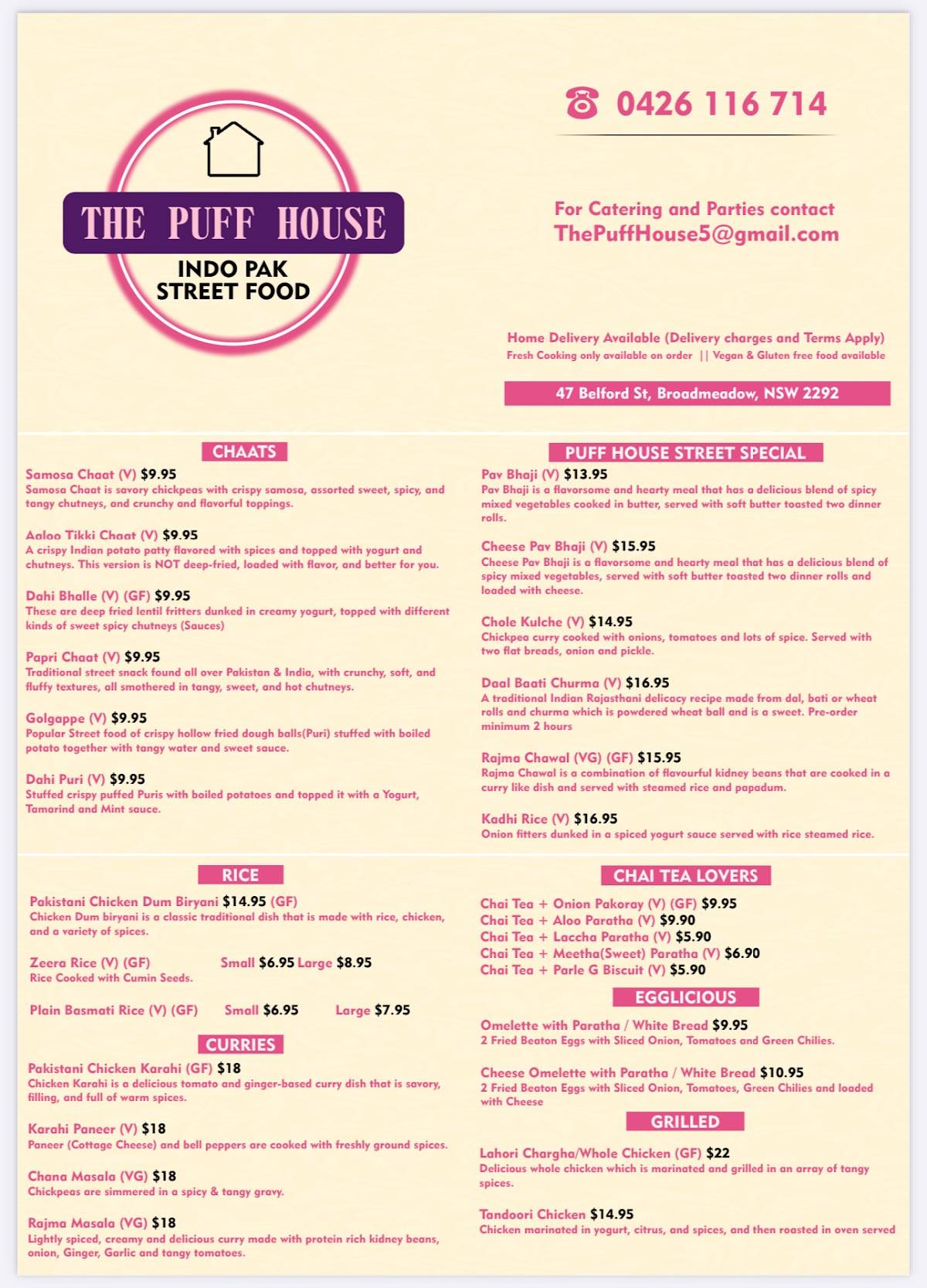 Menu at THE PUFF HOUSE restaurant, Broadmeadow