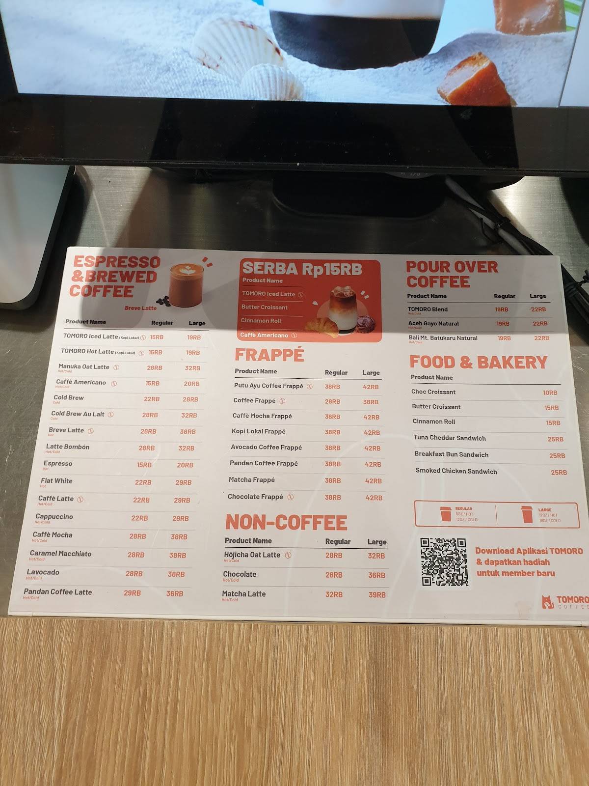 Menu at TOMORO COFFEE - Sabang, Central Jakarta
