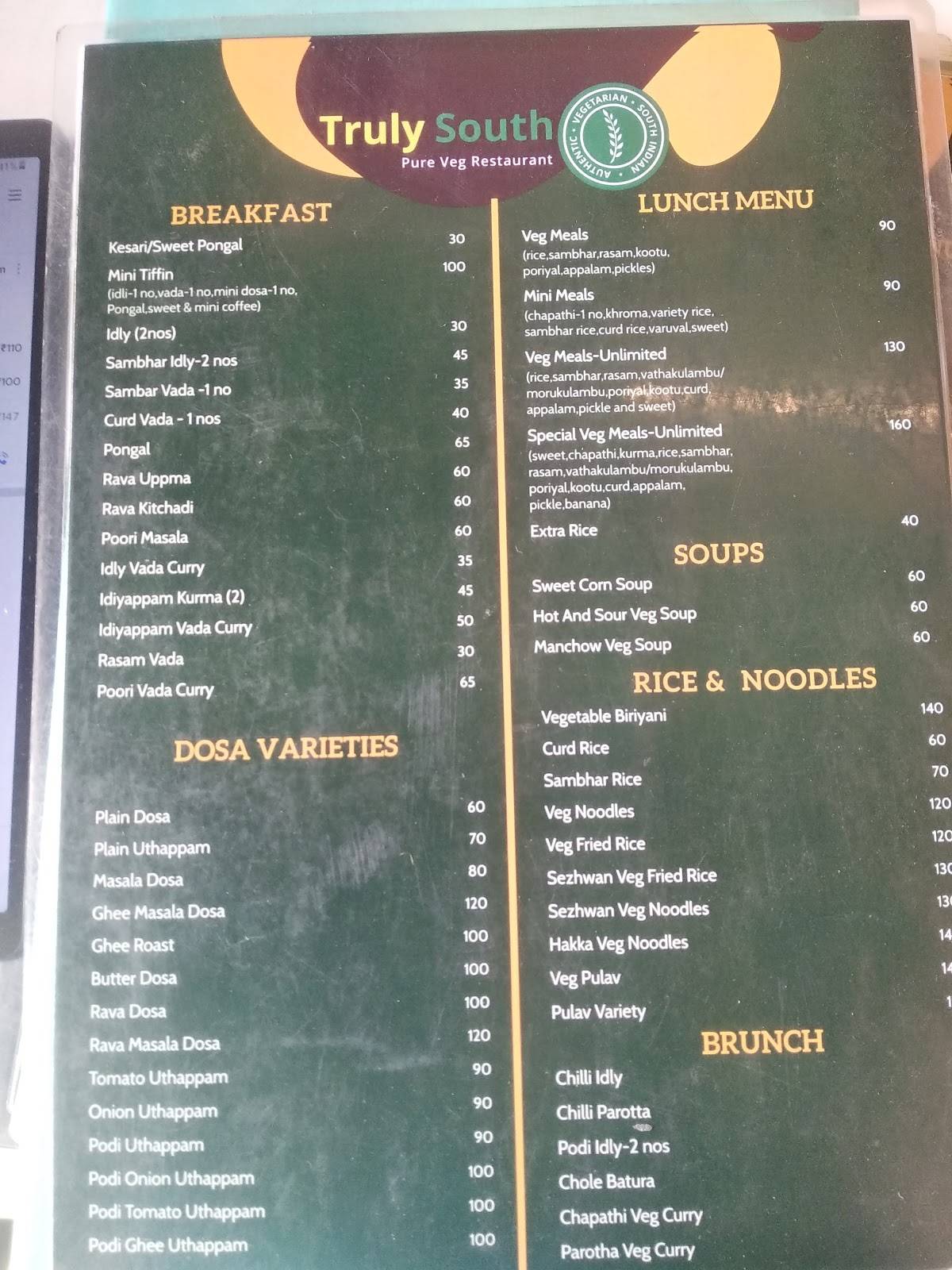 Menu at TRULY SOUTH VEG MULTICUISINE RESTAURANT, Chennai, 280