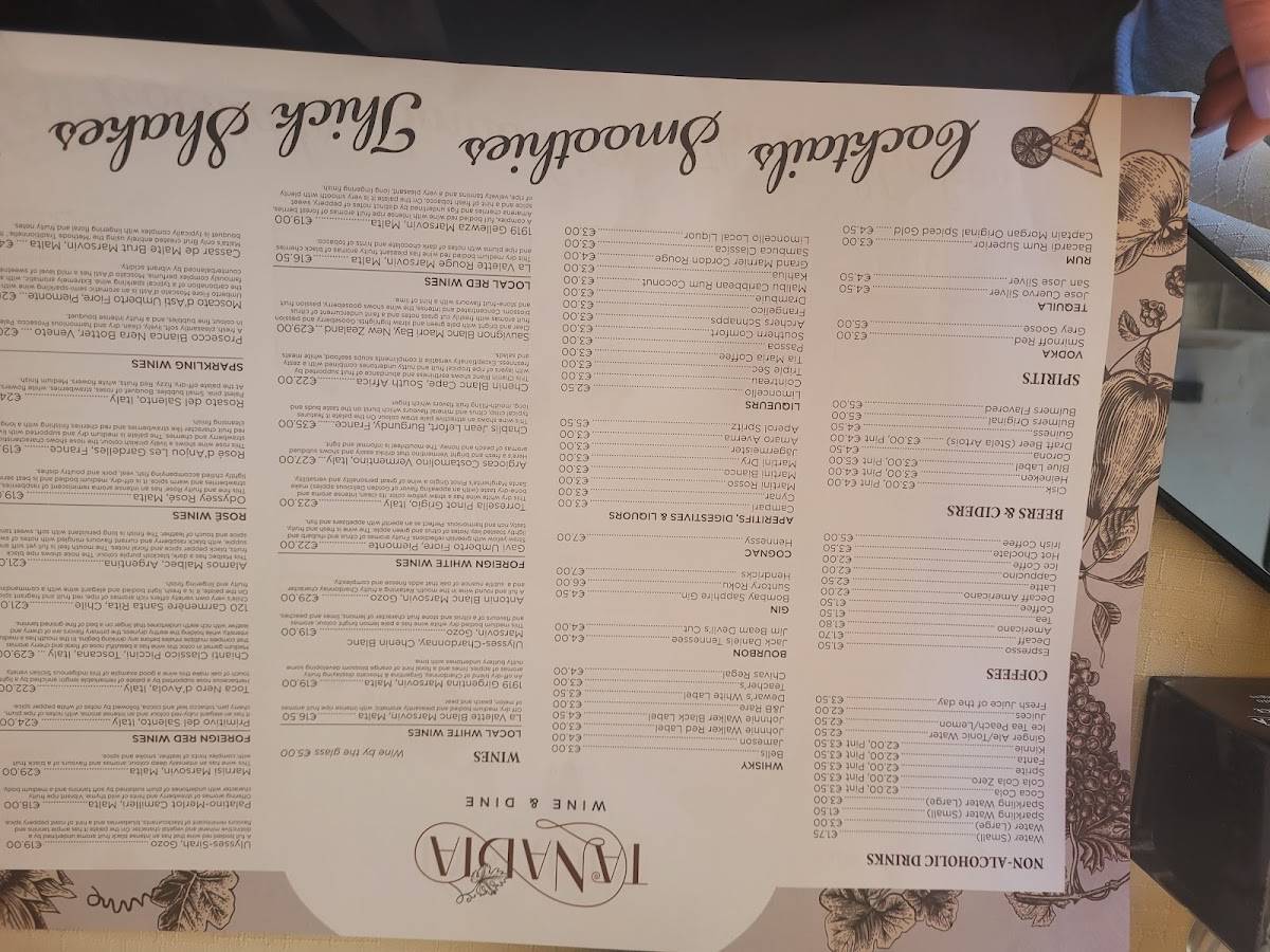 Menu at TaNadia restaurant, Valletta, 191 Merchants St