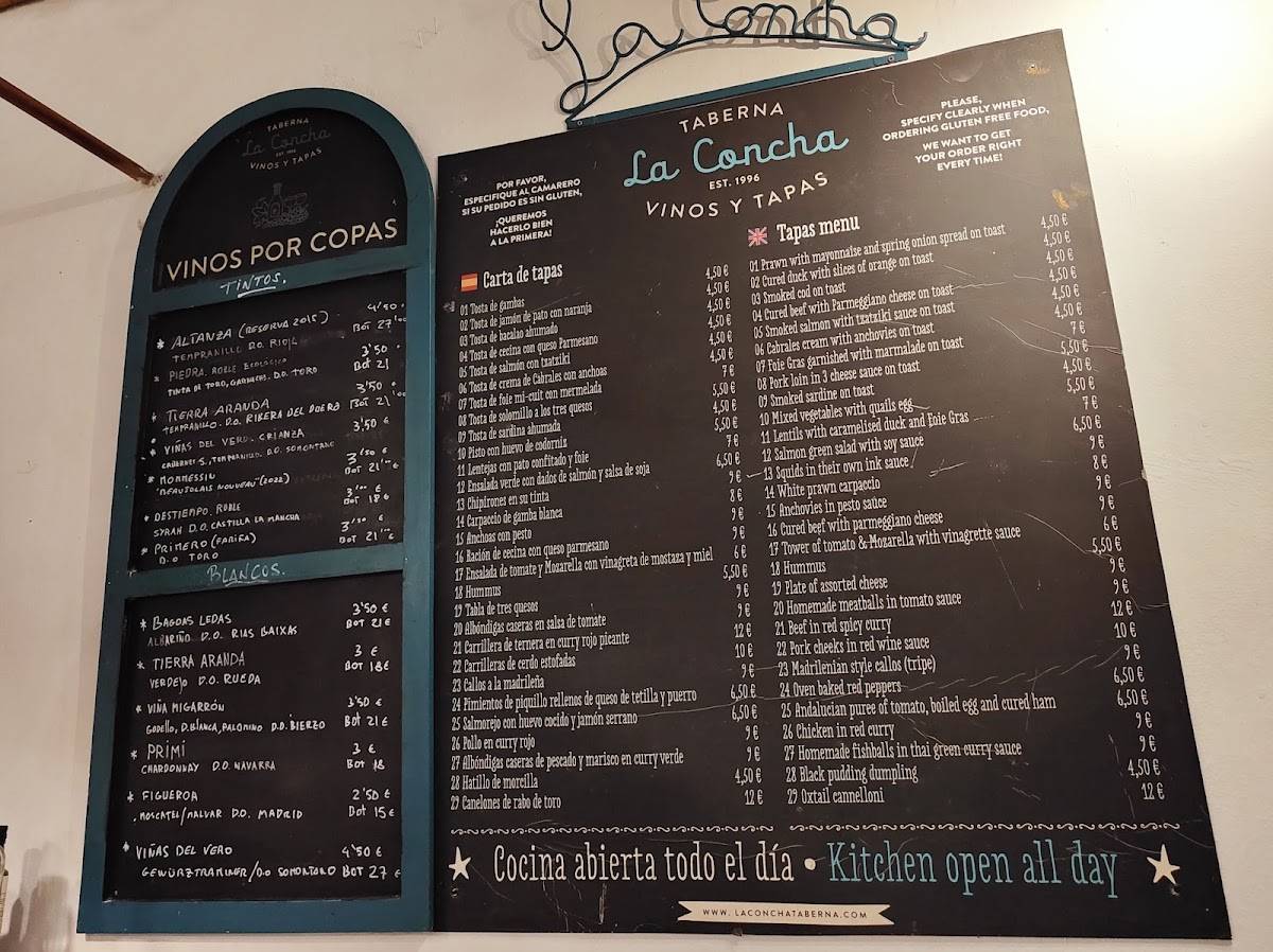 Menu at Taberna LA CONCHA pub & bar, Madrid