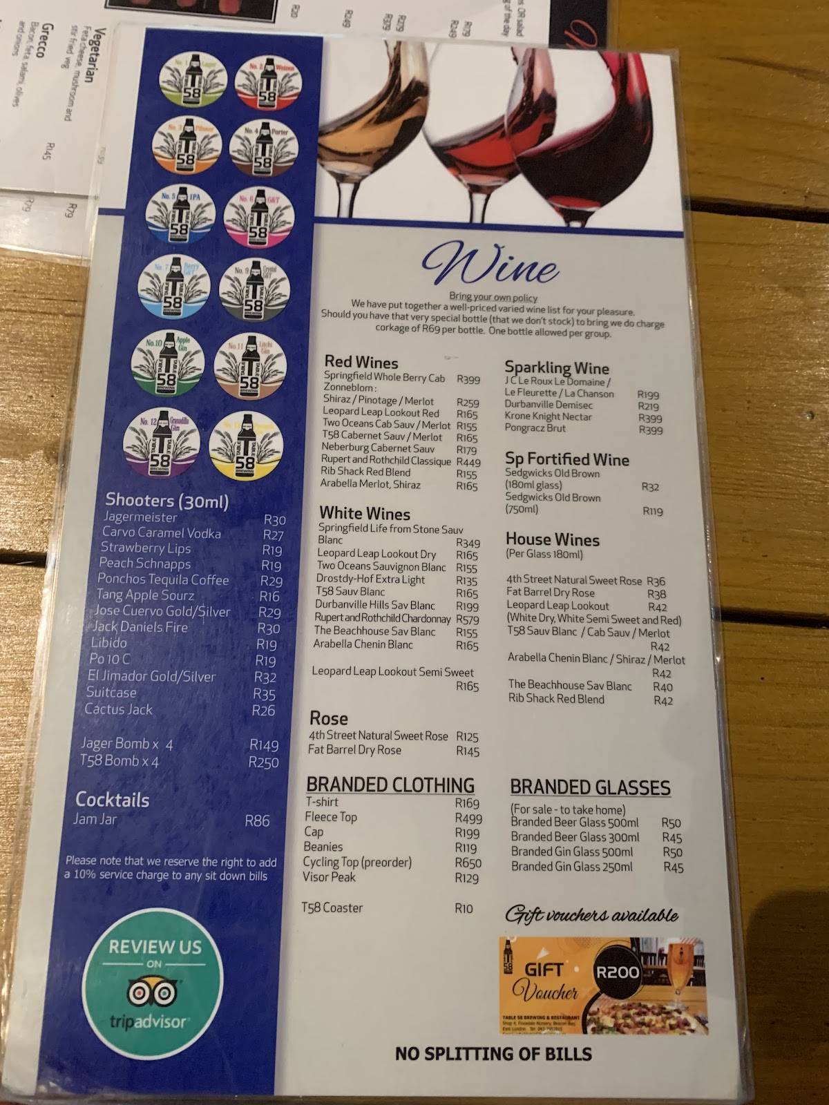 Menu at Table 58 Brewing restaurant, East London