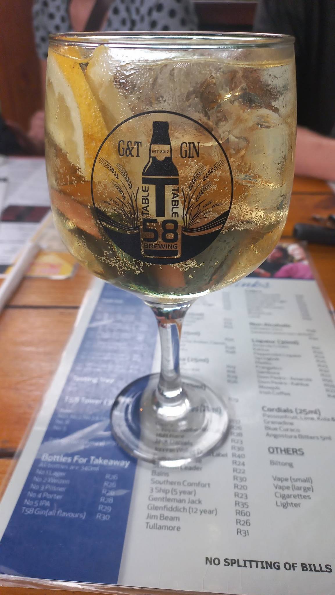 Menu at Table 58 Brewing restaurant, East London