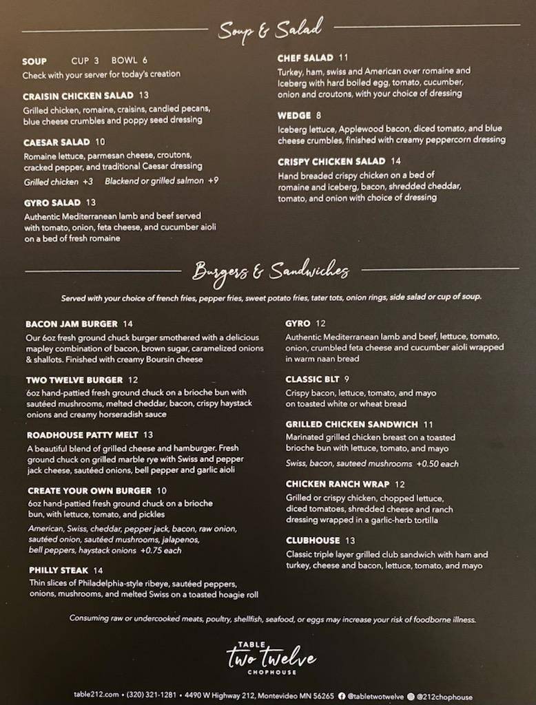 Menu at Table Two Twelve Chophouse pub & bar, Montevideo