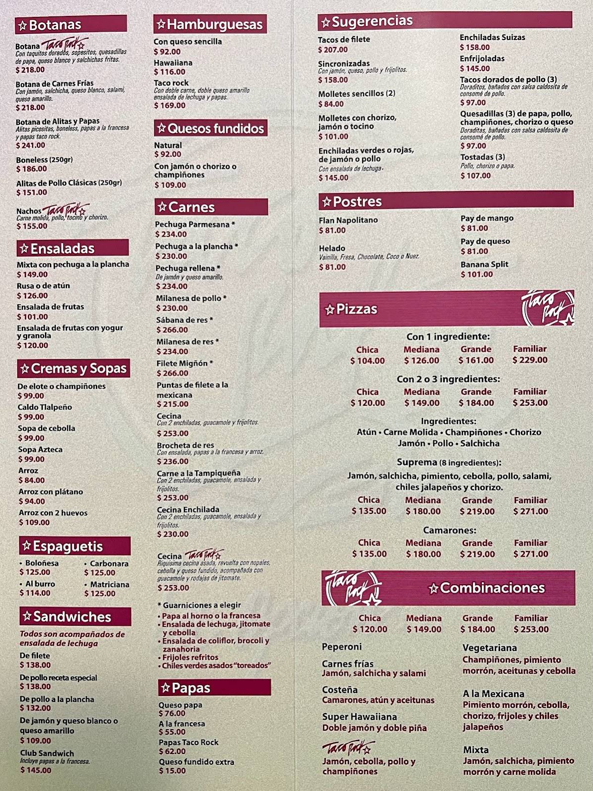 Carta de Restaurante Taco Rock, Chilpancingo de los Bravo