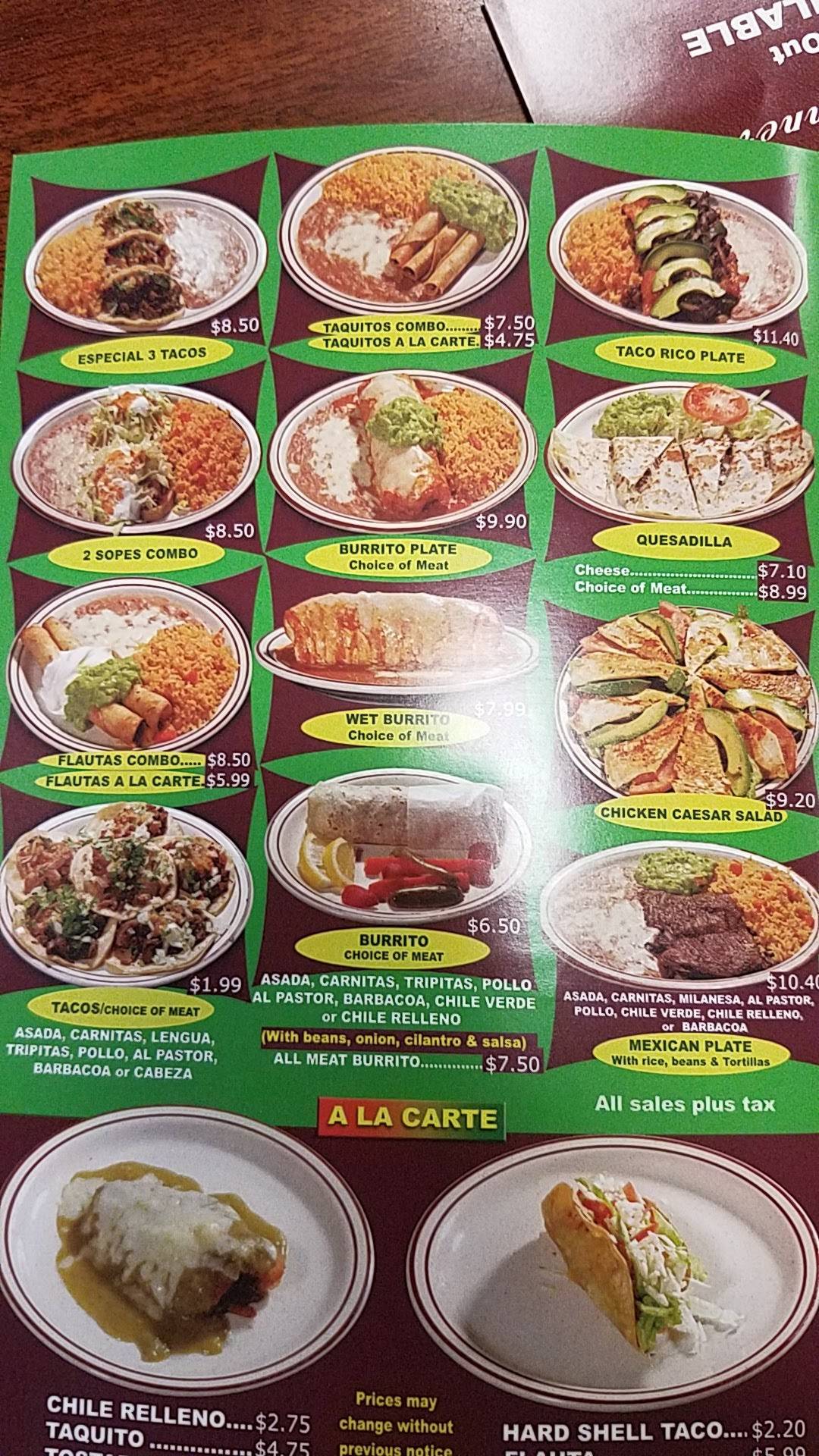 Menu at Tacos Don Nacho restaurant, Oklahoma City