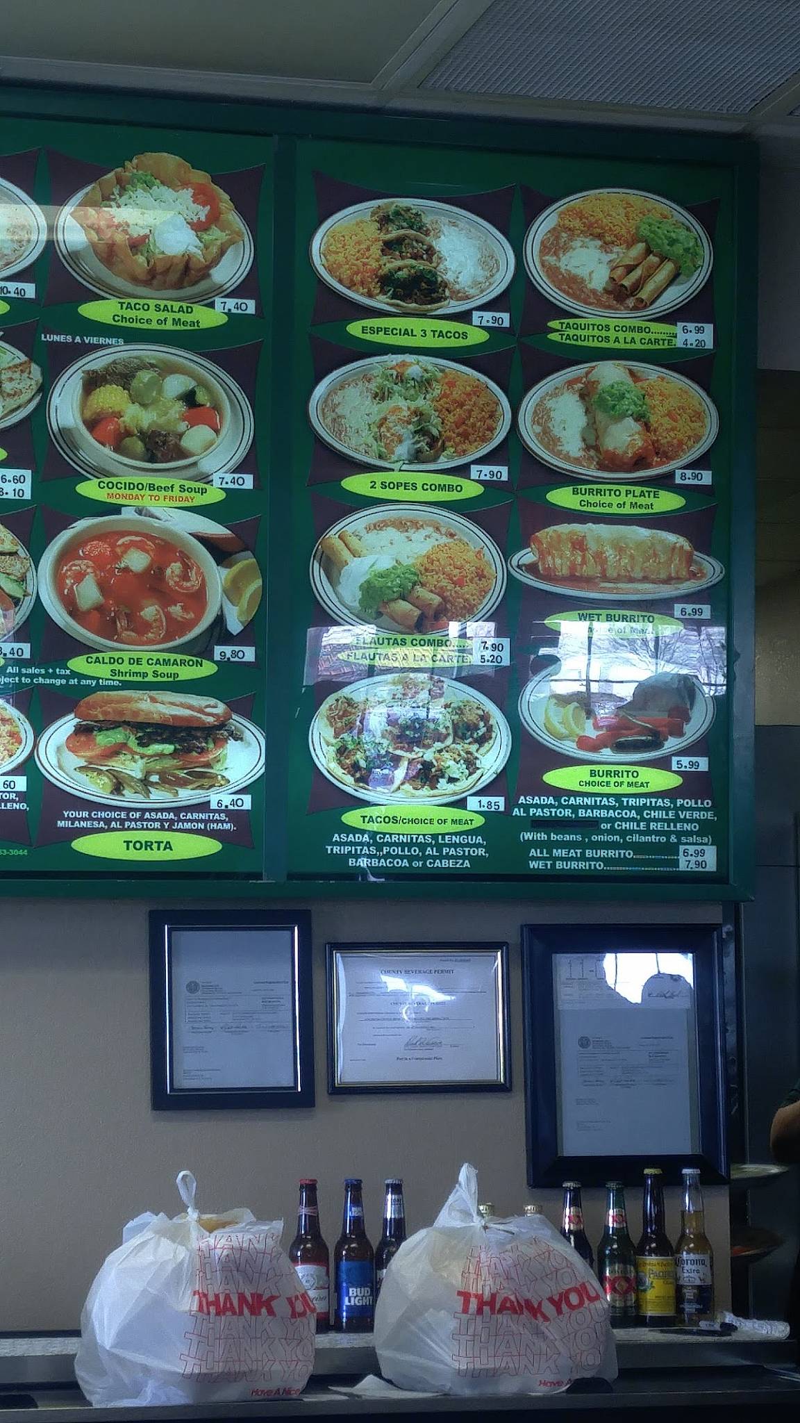 Menu at Tacos Don Nacho restaurant, Oklahoma City
