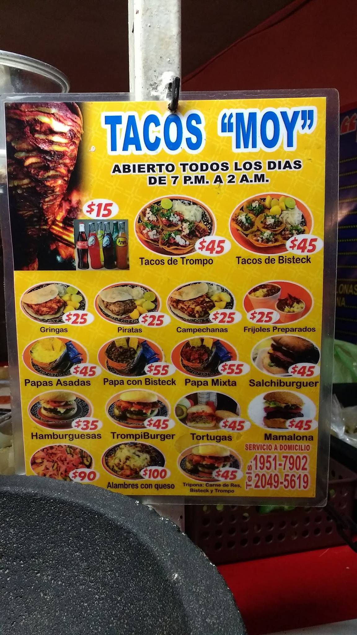 Menu at Tacos Moy restaurant, Guadalajara, Av. de los Arcos 930