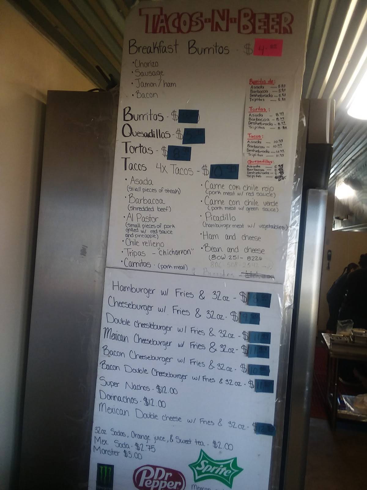 Menu at Tacos N Beer restaurant, Bovina