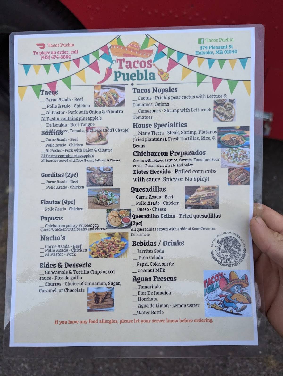 Menu at Tacos Puebla restaurant, Holyoke