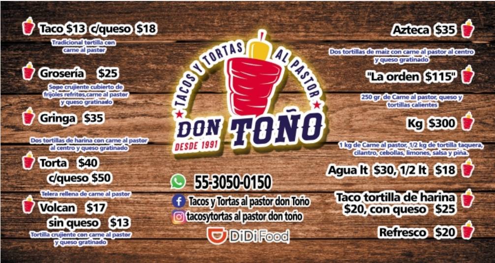 Menu at Tacos y tortas al Pastor Don Toño restaurant, Mexico