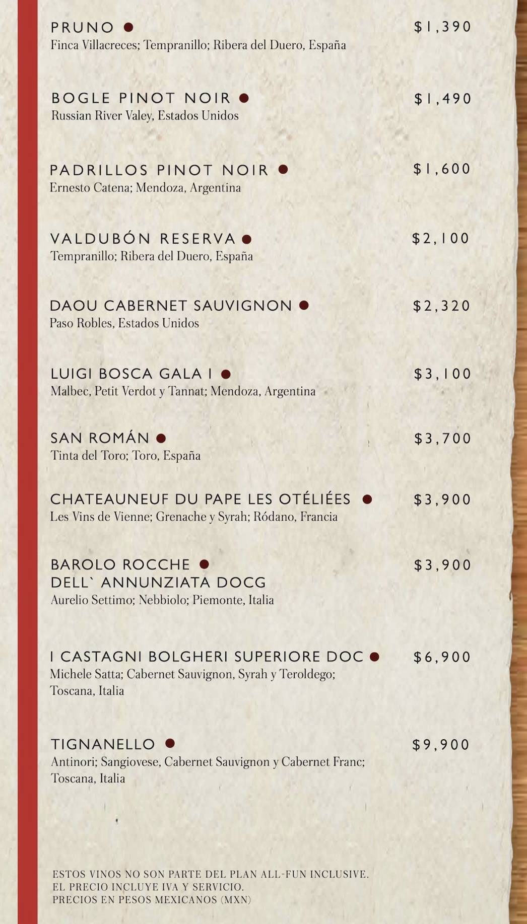 Menu at Tah-Xido restaurant, Playa del Carmen