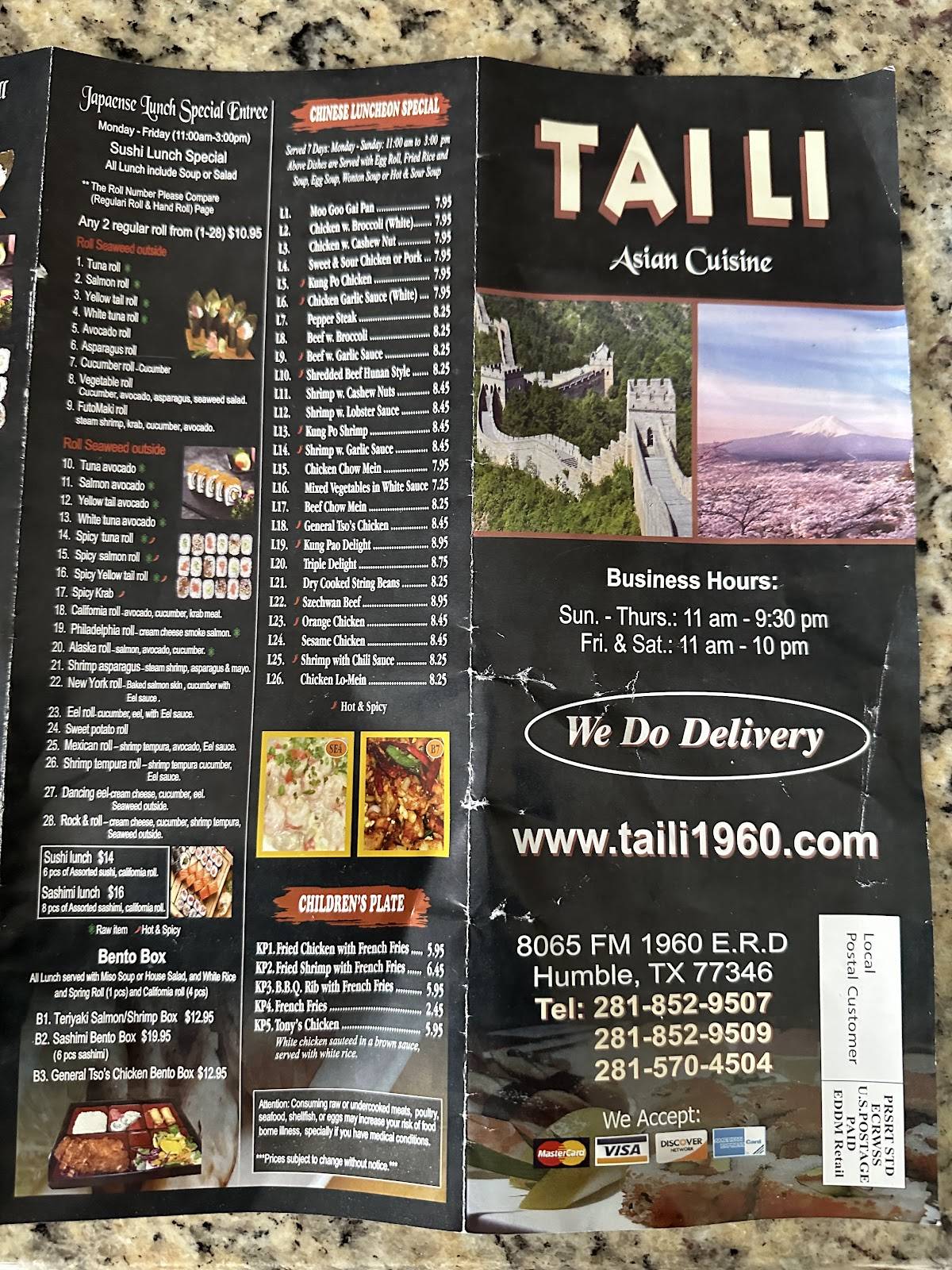 Menu at Tai Li restaurant, Houston