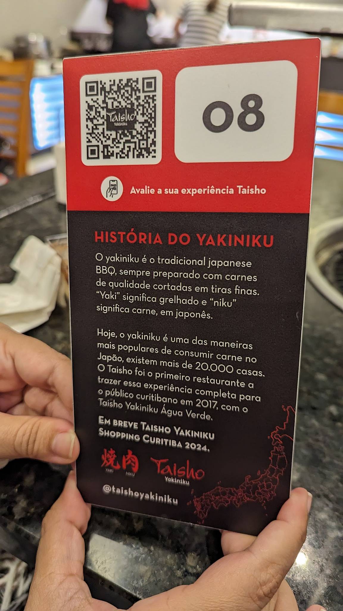 Menu at Taisho Yakiniku Água Verde steakhouse, Curitiba