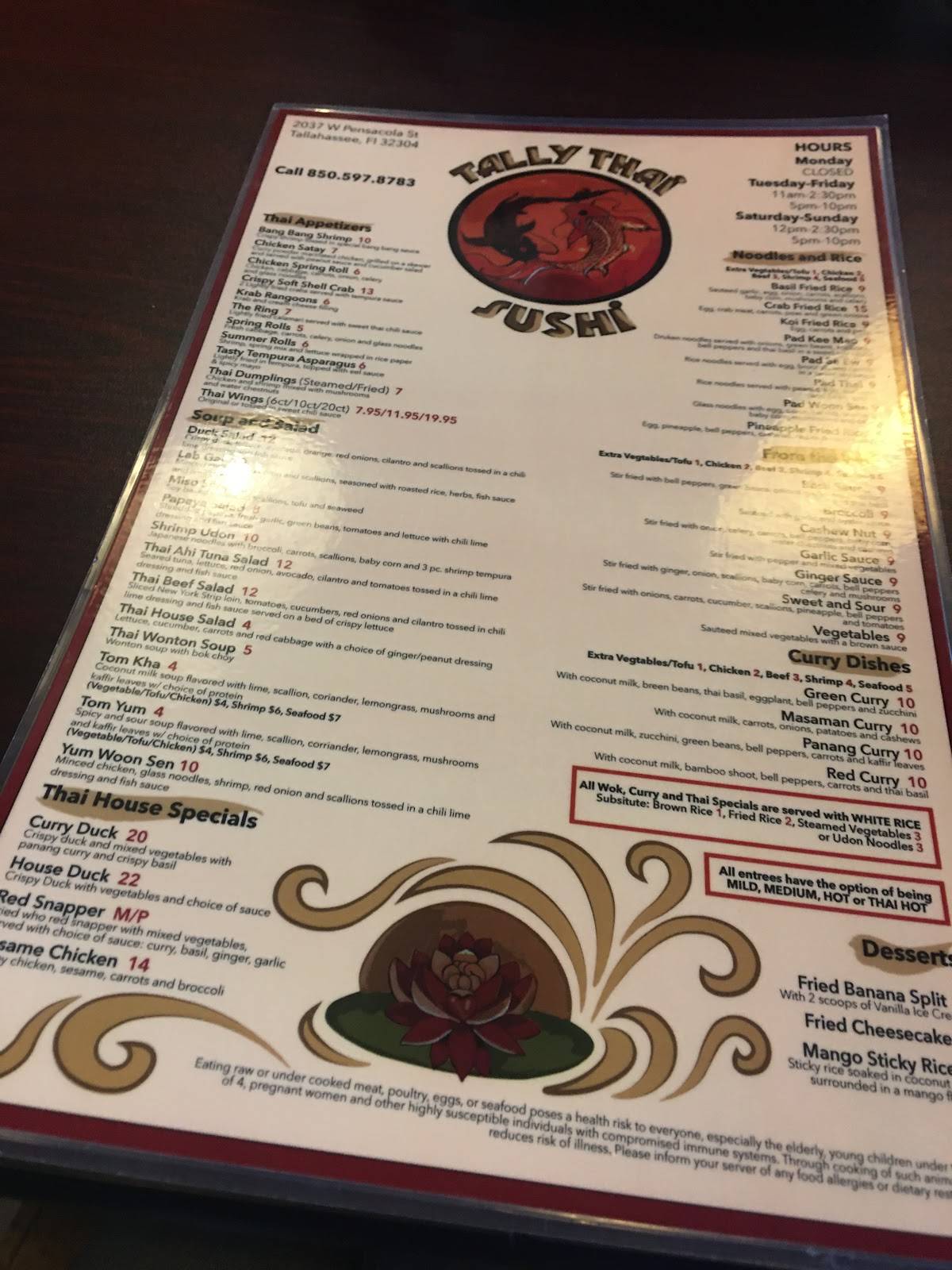 Menu at Tally Thai and Sushi restaurant, Tallahassee