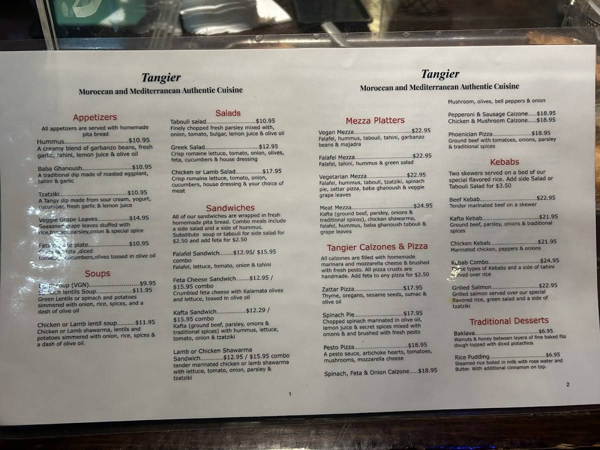 Menu at Tangier Restaurant, Portland