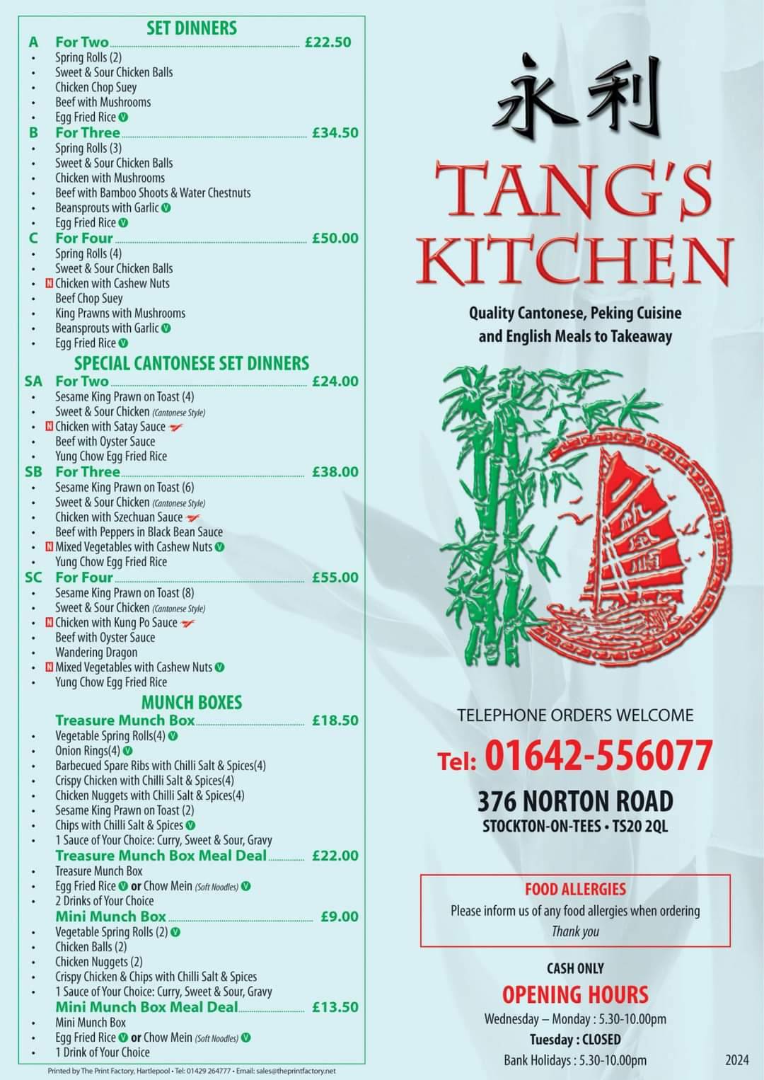 Menu at Tang's Kitchen restaurant, Stockton-on-Tees