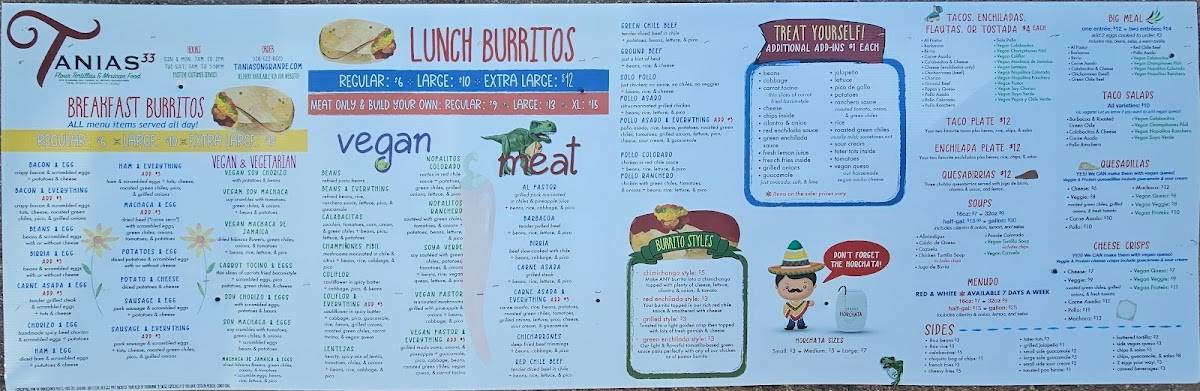 Menu at Tanias 33 restaurant, Tucson
