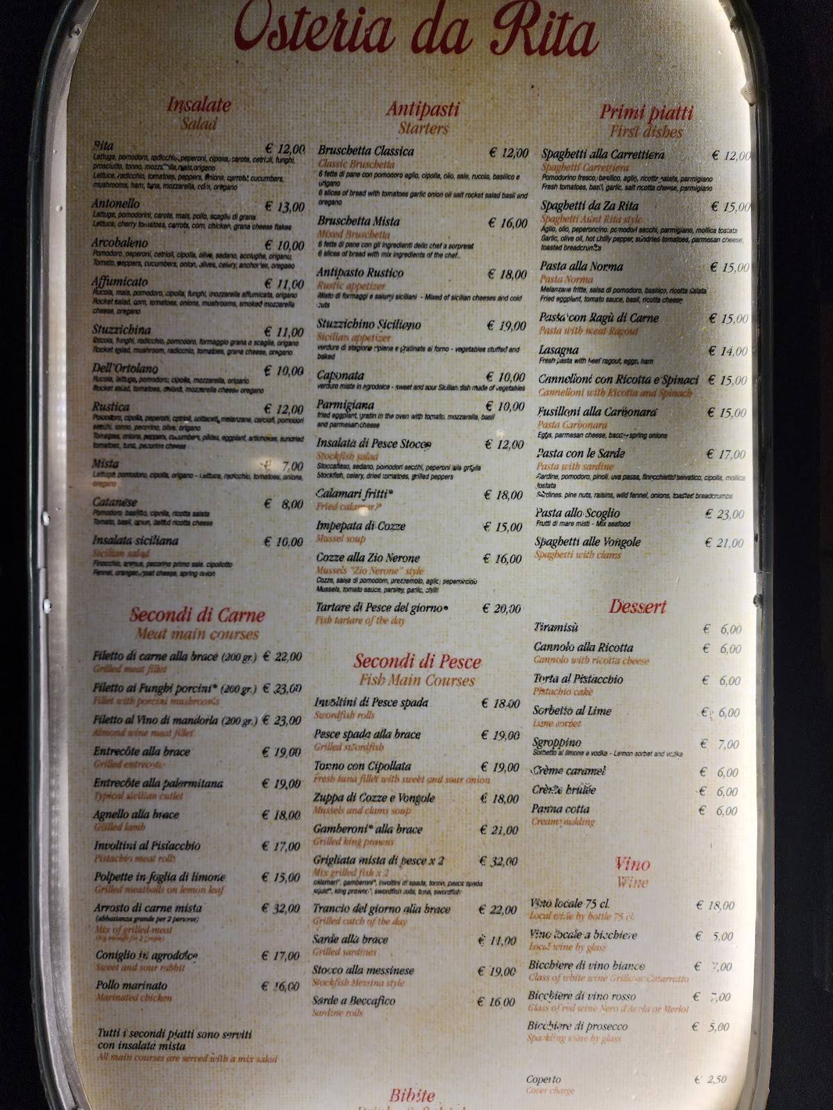 Menu at Osteria da Rita (dal 1991) restaurant, Taormina