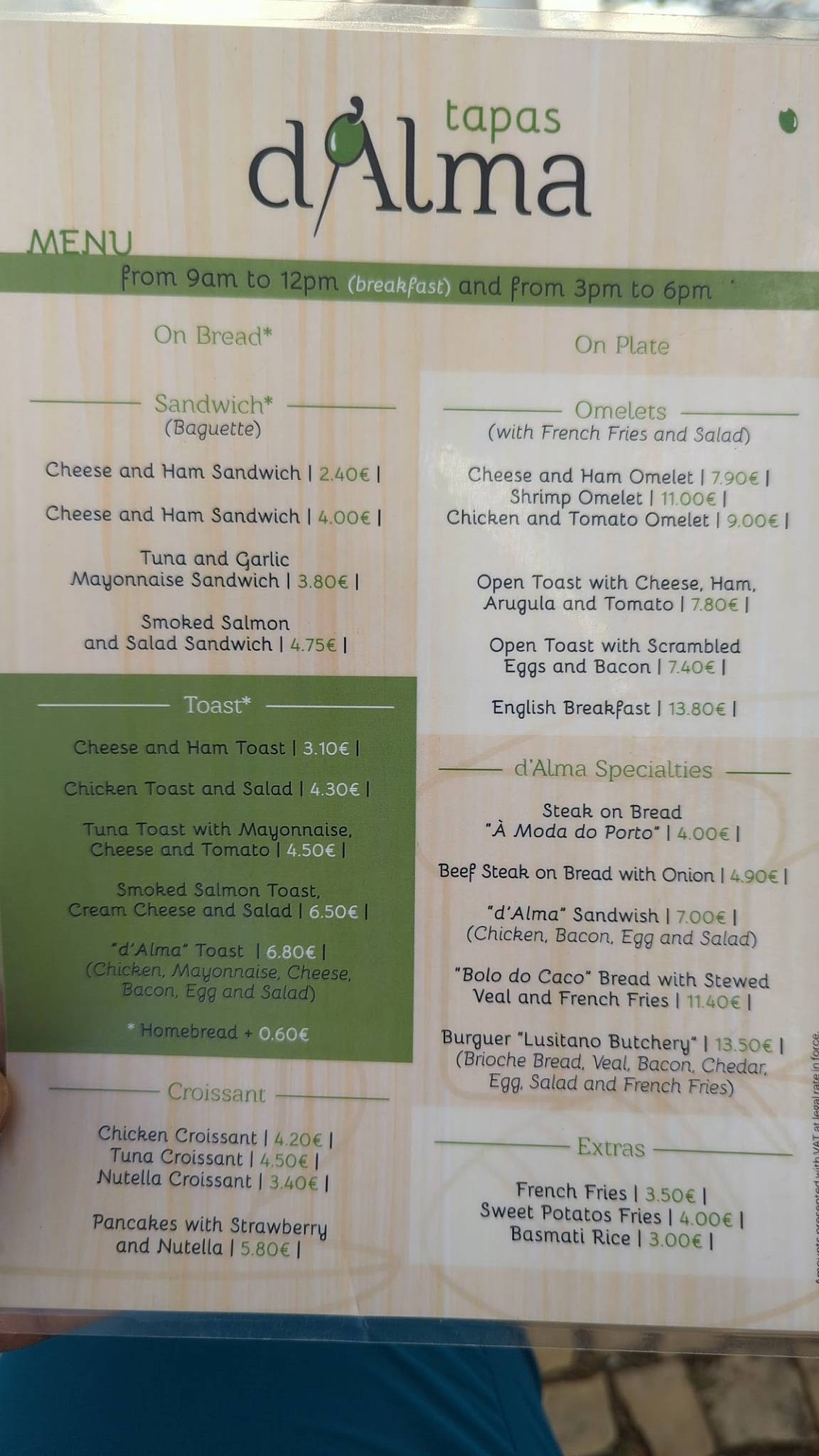 Menu em Tapas d'Alma restaurante, Lagos