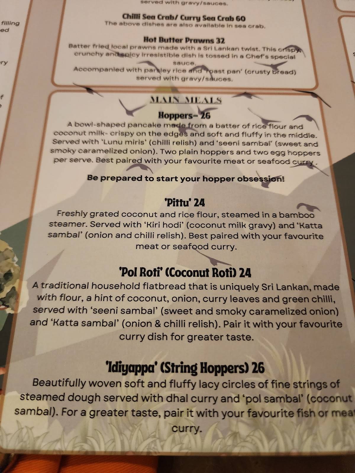 Menu at Taprobane restaurant, Unley