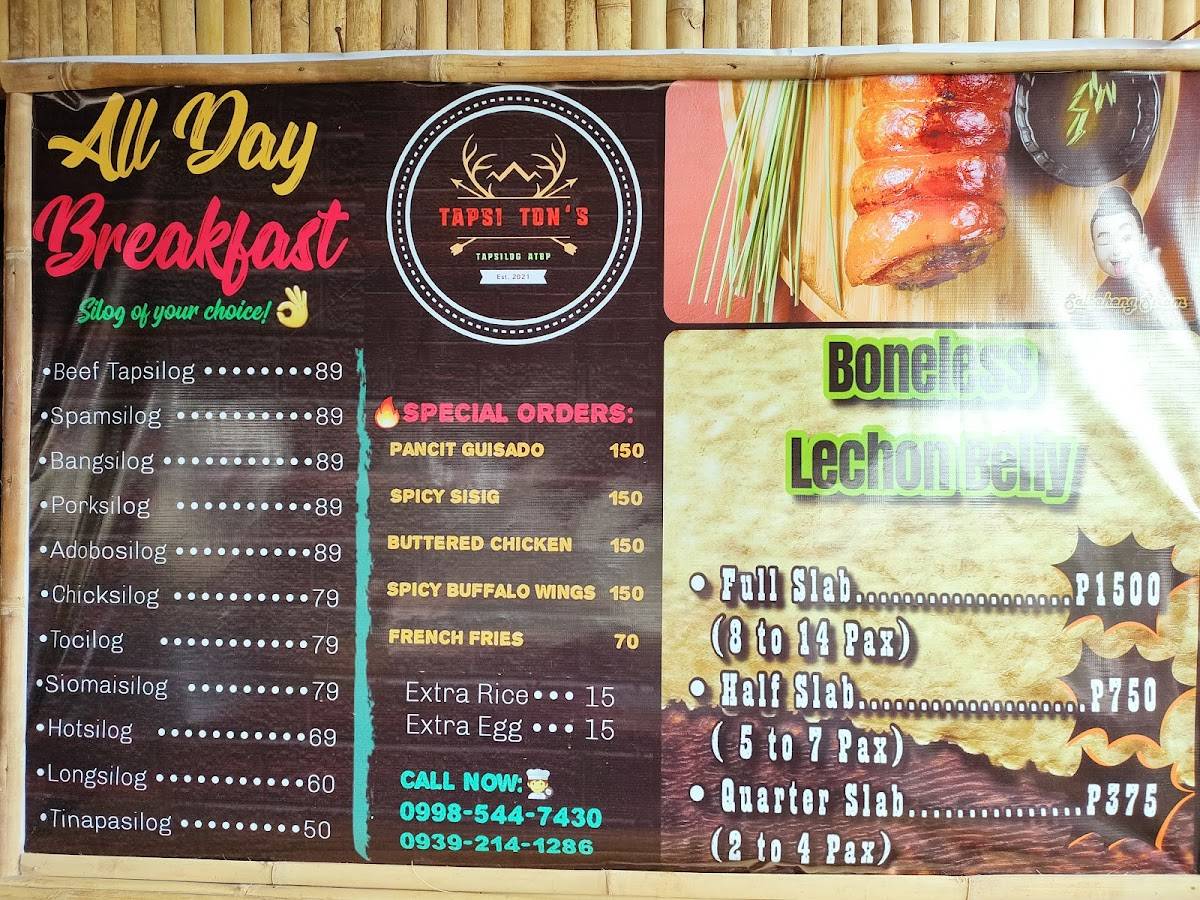 Menu at Tapsi Ton's restaurant, Sorsogon City