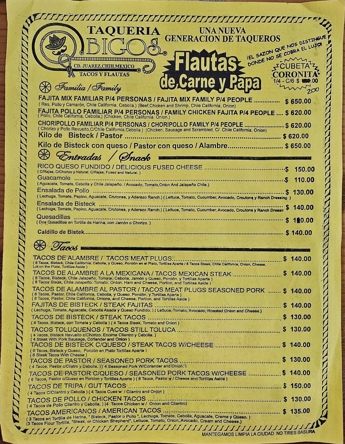 Menu at Taqueria "Bigos" restaurant, Ciudad Juarez, AV. INTERNACIONAL ...