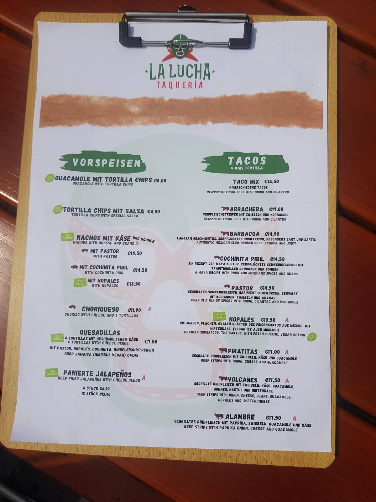 Menu au Taqueria Cantina la Lucha city restaurant, Nuremberg