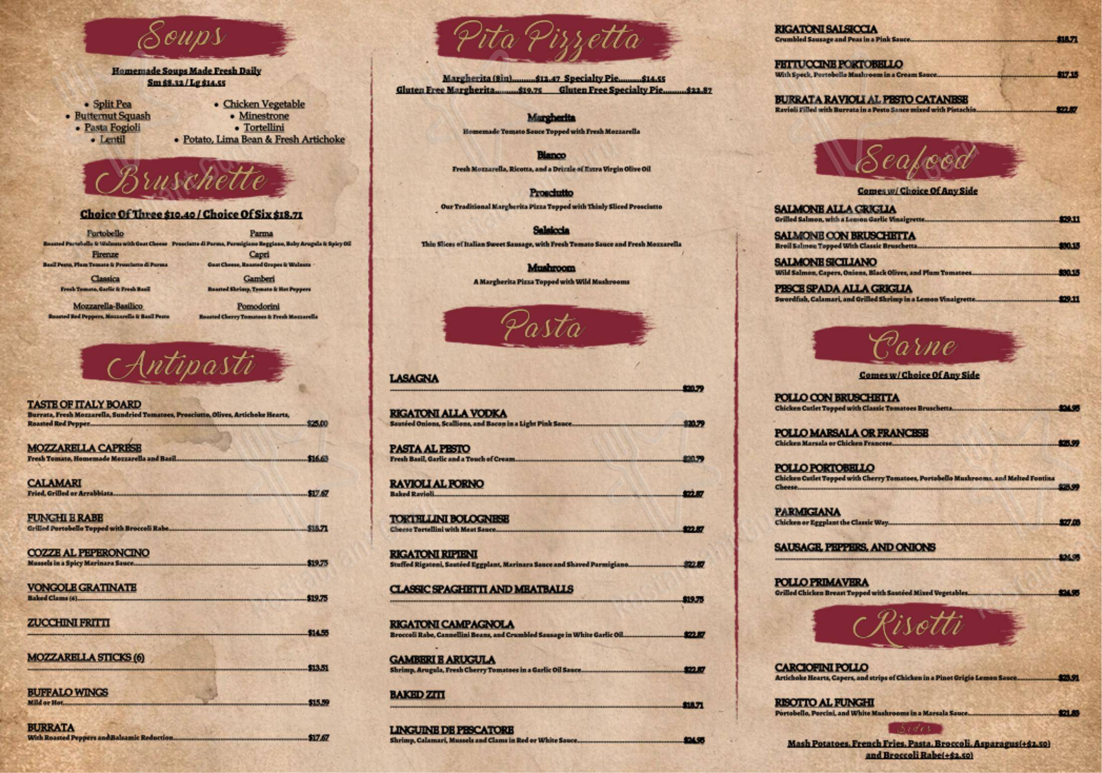 Menu at Taste of Italy restaurant, Long Beach