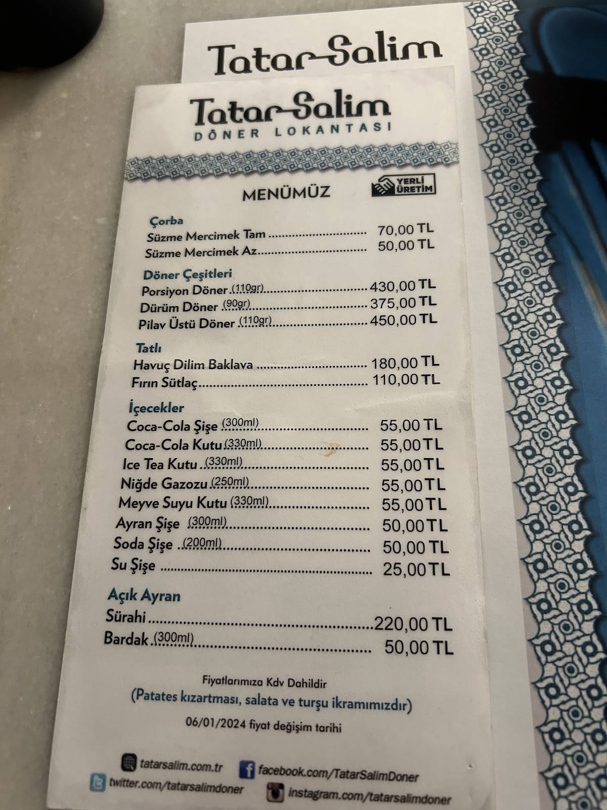 Menu at Tatar Salim, Istanbul, İmamata Sk. No:7 D:3