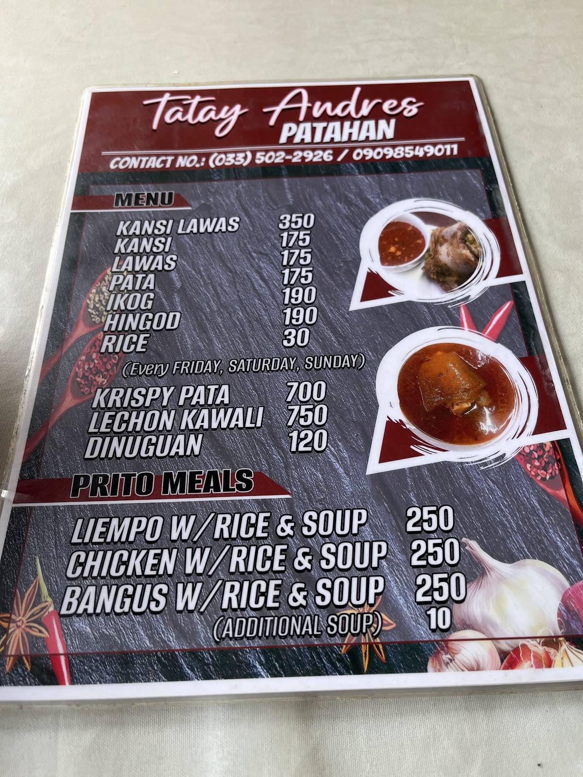 Menu at Tatay Andres PATAHAN restaurant, Iloilo City