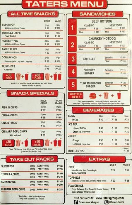Menu at Taters pub & bar, Cebu City, Gen. Maxilom Ext
