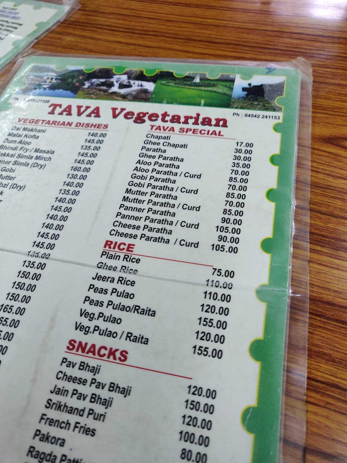 Menu at Tava Vegetarian Restaurant, Kodaikanal