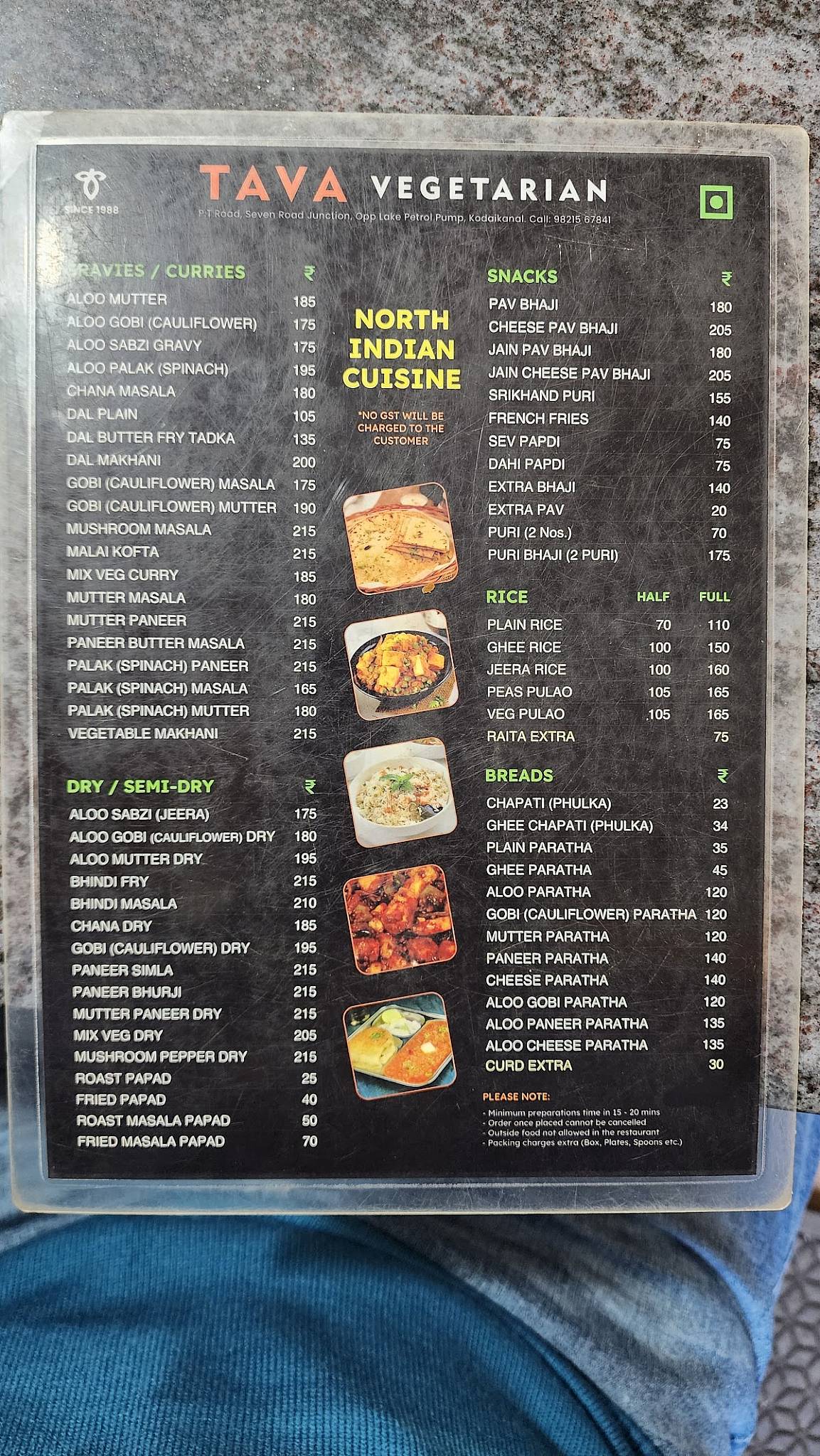 Menu at Tava Vegetarian Restaurant, Kodaikanal