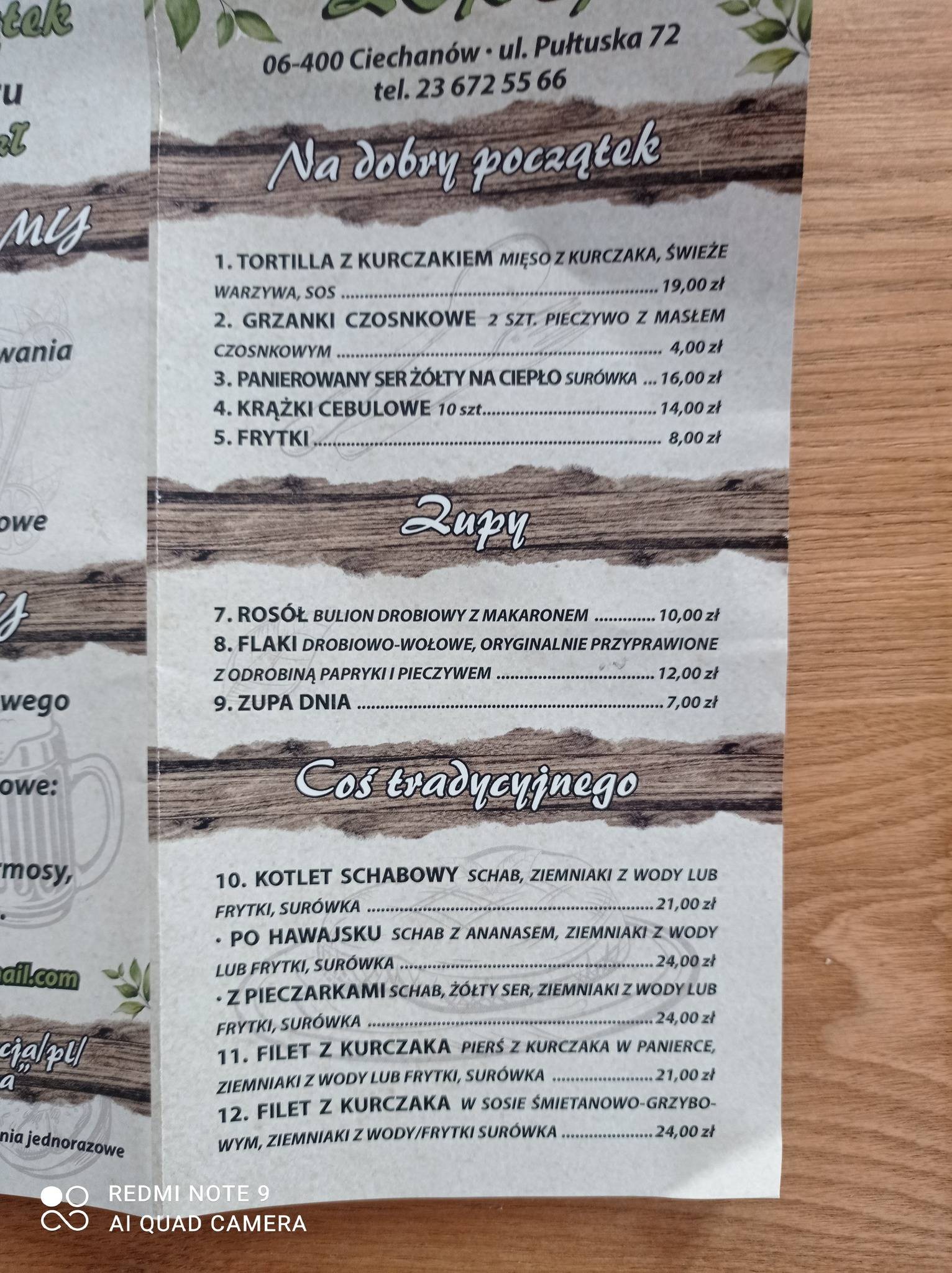 Menu at Tawerna Zorba restaurant, Ciechanow