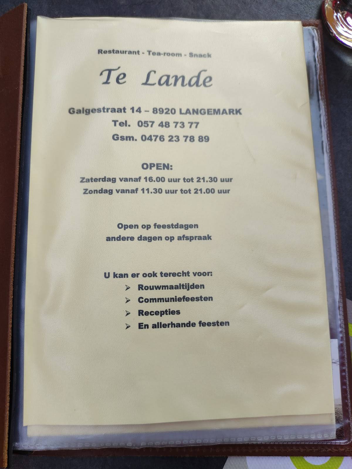Menu at Te Lande restaurant, Langemark-Poelkapelle