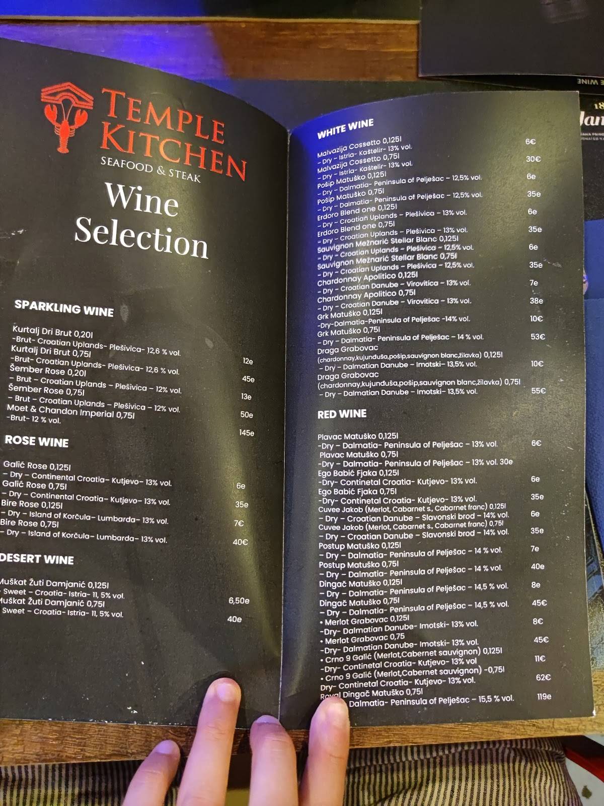 Menu at Temple Kitchen seafood & steak restaurant, Split