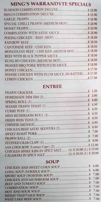 Menu at Ming's Warrandyte Chinese Restaurant, Warrandyte