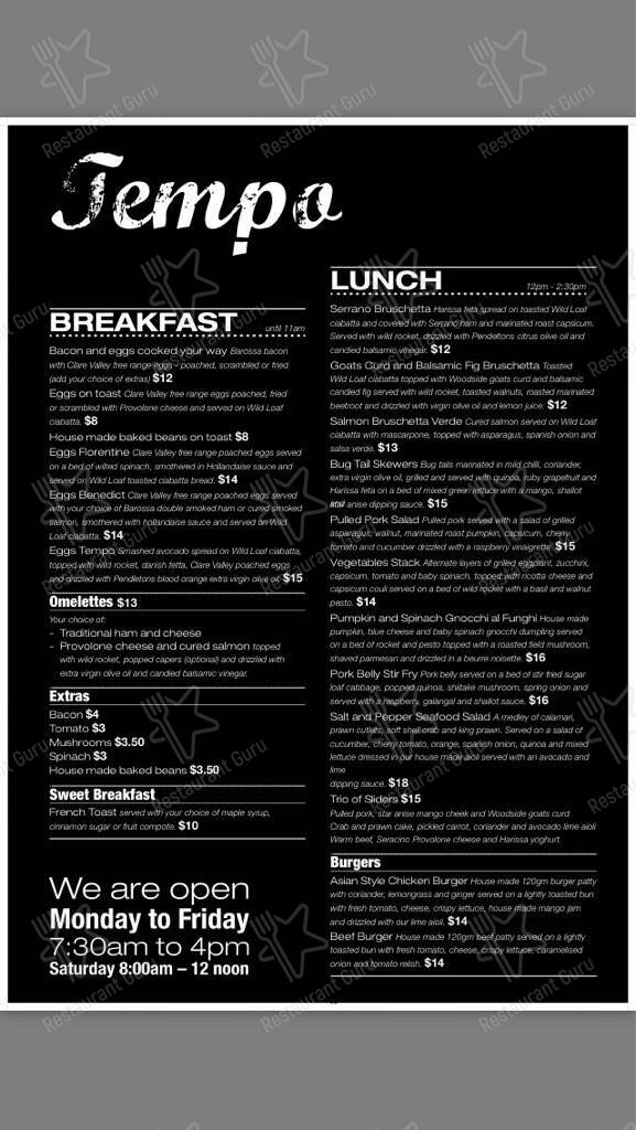 Menu at Tempo restaurant, Adelaide